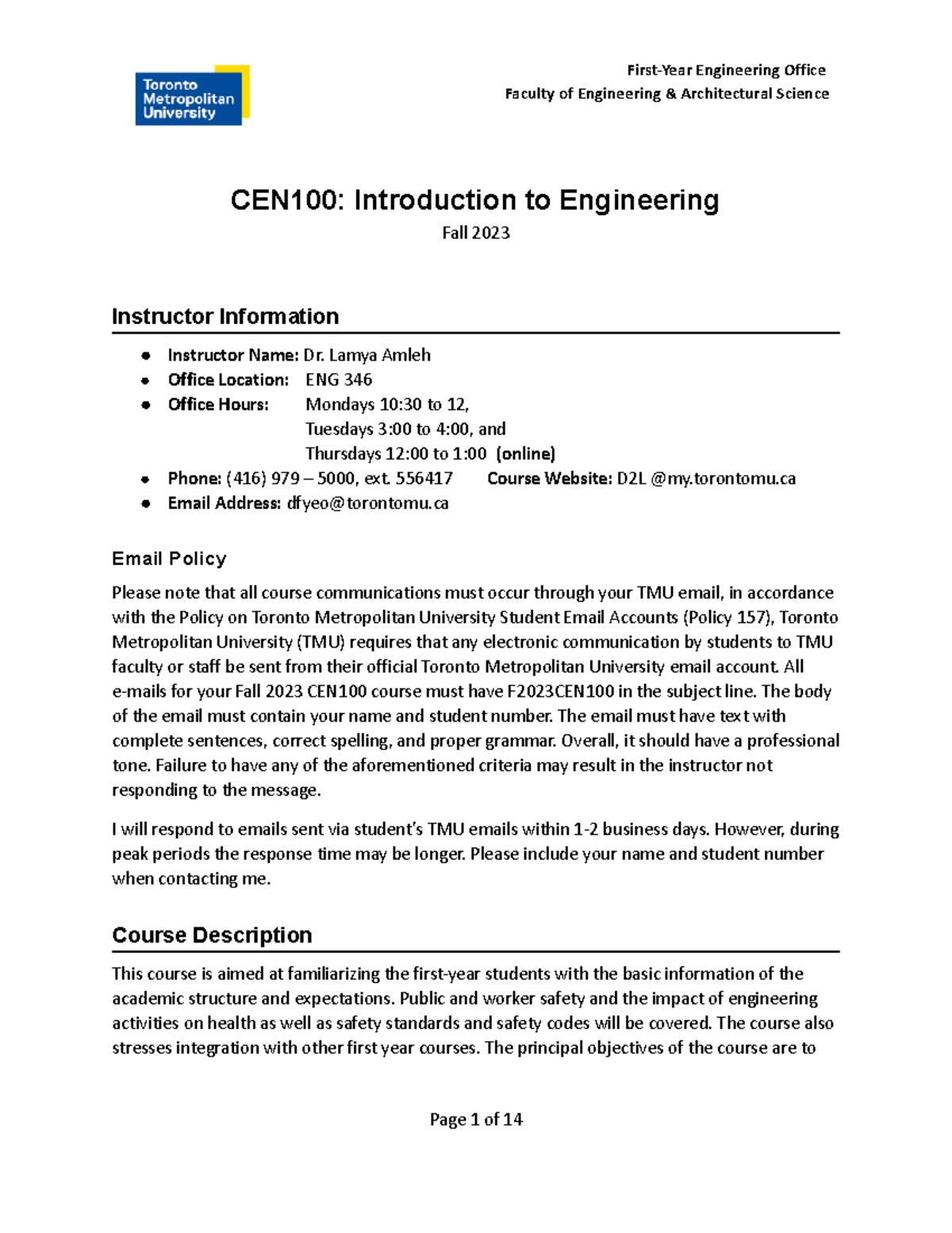 CEN100 Fall 2023: Intro to Engineering Course Syllabus - Studocu