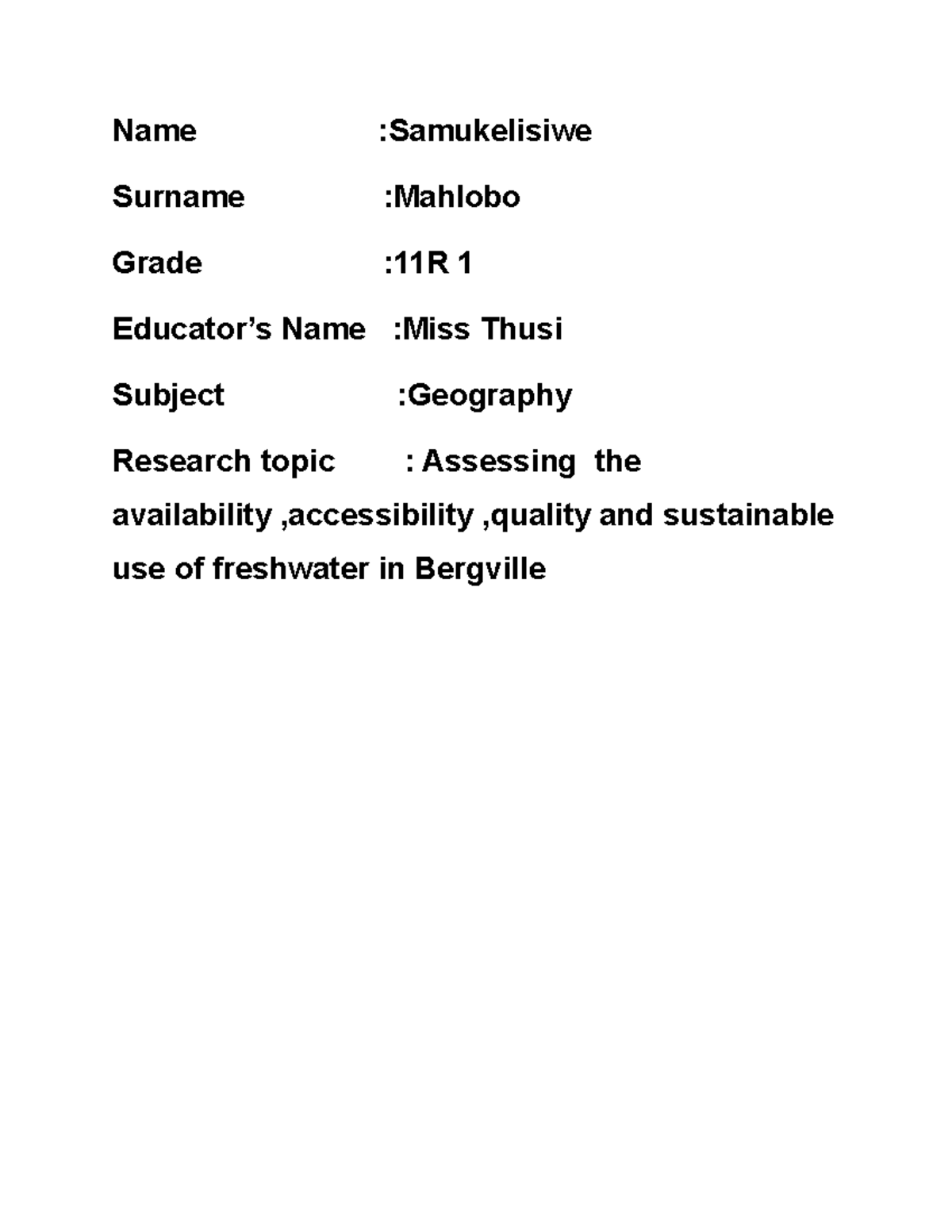 Geography Research: Freshwater Availability & Sustainability in ...
