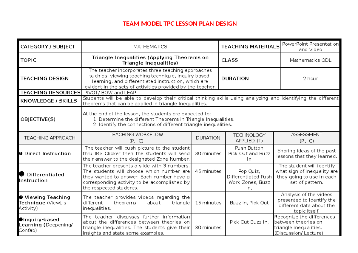 TPC Lesson Plan: Triangle Inequalities in Mathematics Teaching - Studocu
