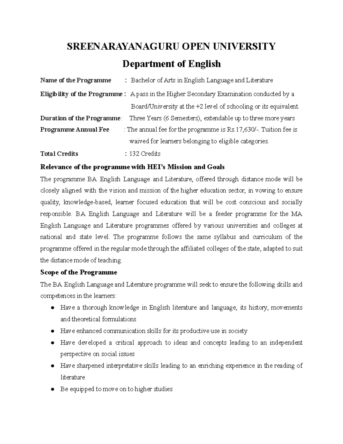 BA English Language & Literature Programme Overview - SGOU - Studocu