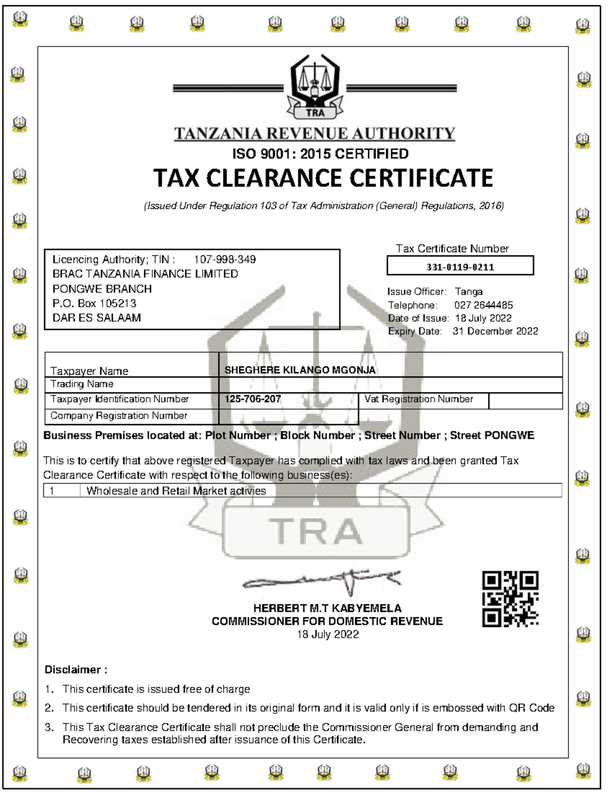 Tax Clearance Certificate - BRAC Tanzania Finance Ltd (Issued July 2022 ...