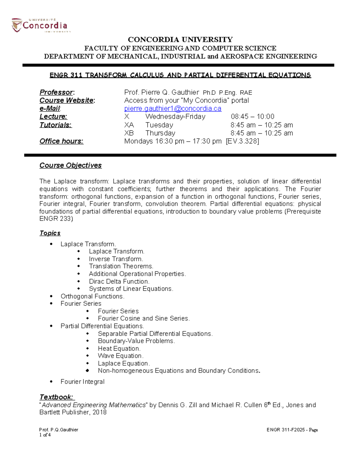 ENGR 311 Course Outline: Transform Calculus & PDEs - Fall 2025 - Studocu
