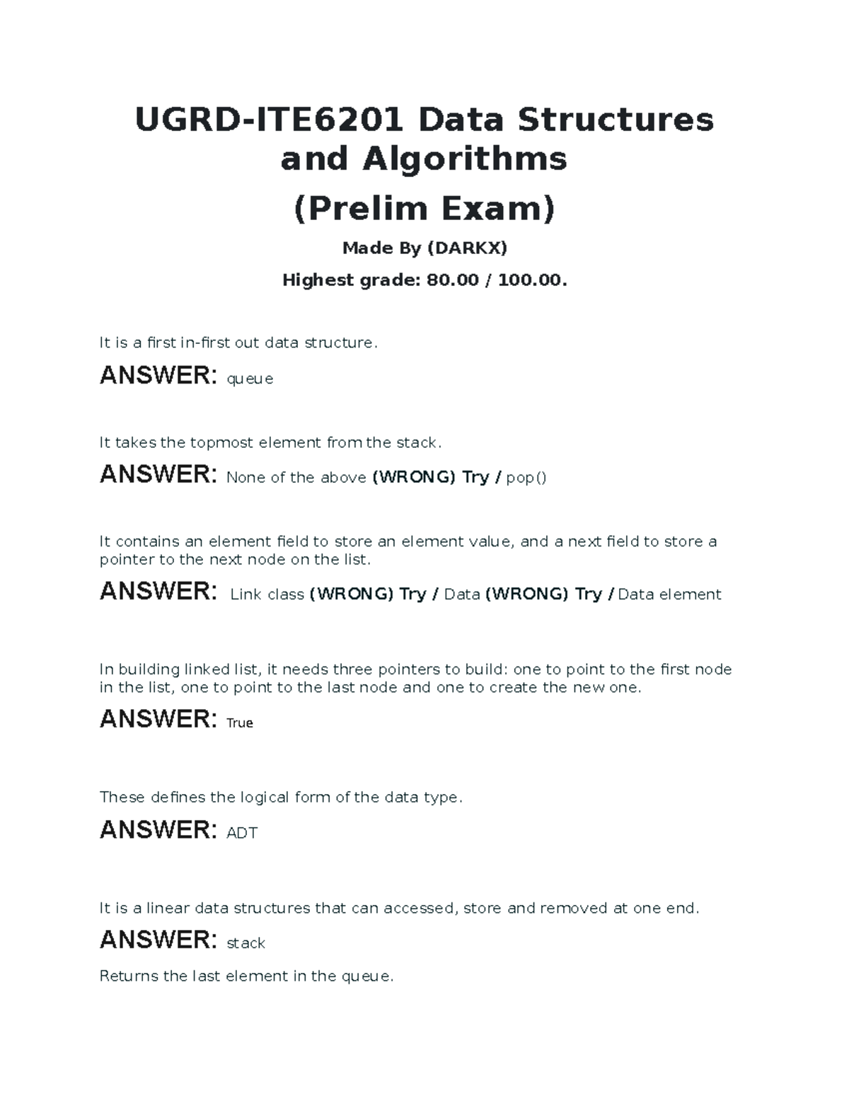 UGRD-ITE6201 Data Structures and Algorithms Prelim Exam Notes - Studocu