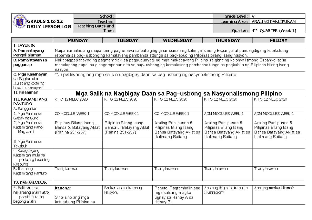 Dll-araling-panlipunan-5-q4-w1 compress - GRADES 1 to 12 DAILY LESSON LOG School: Grade Level: V ...