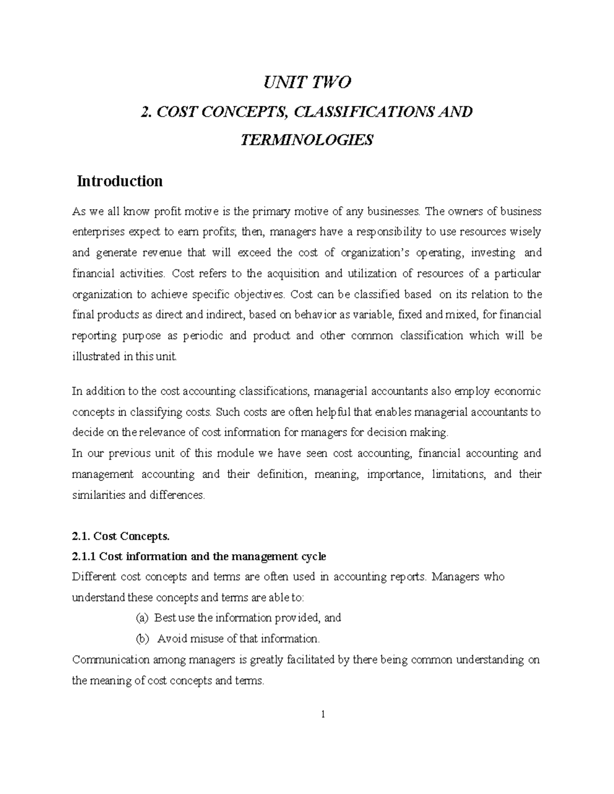 Cost and Management Accounting (CMA) - Chapter 2: Cost Concepts and - Studocu
