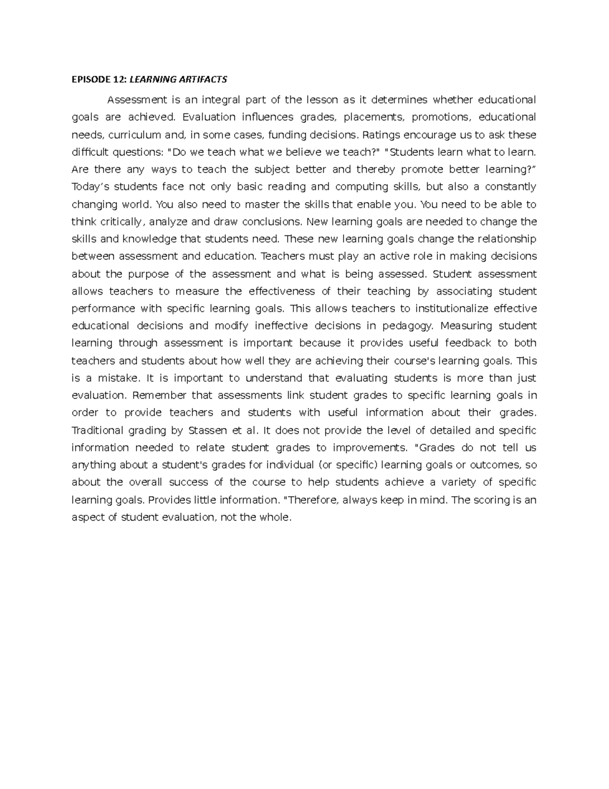 EP 12: Learning Artifacts and Student Assessment Insights - Studocu