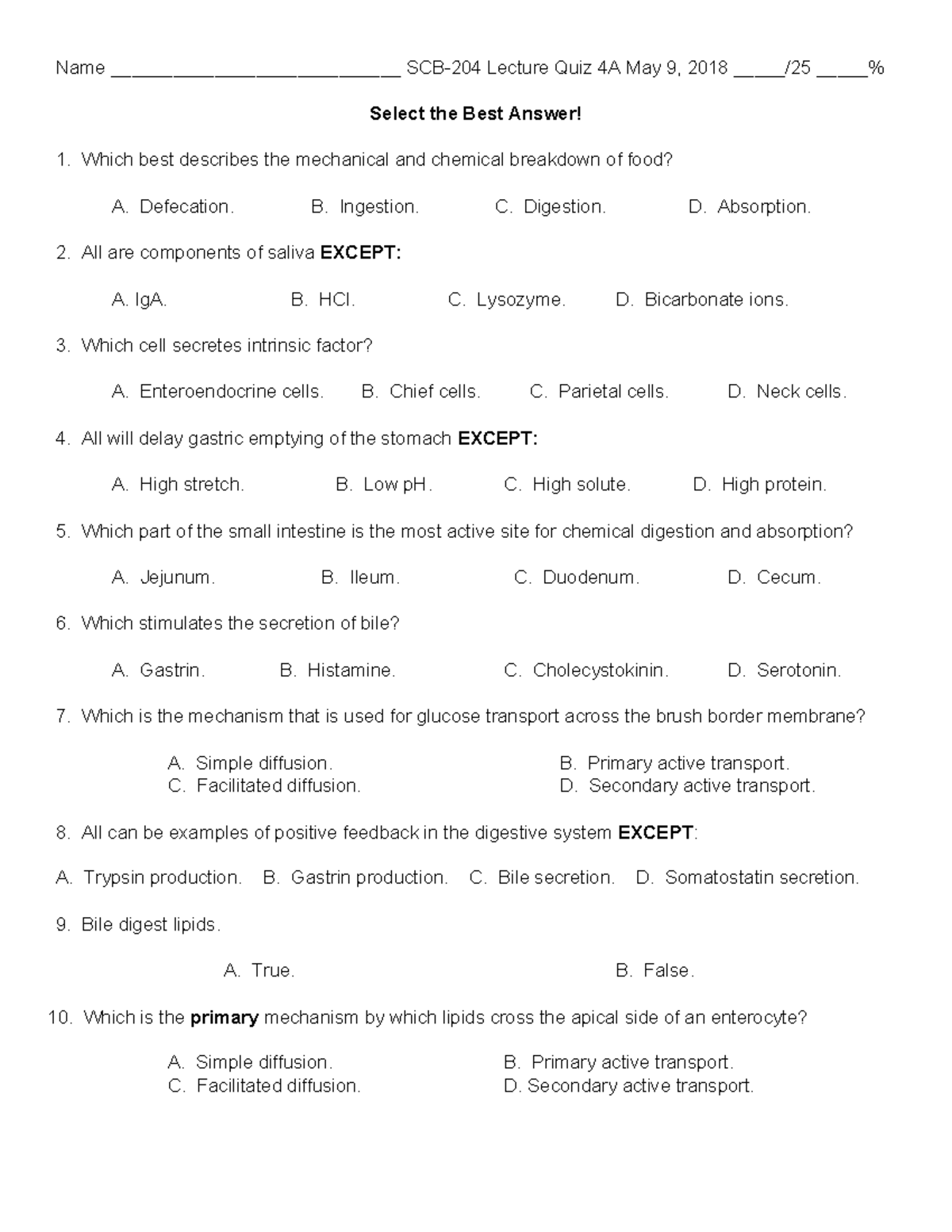 Lecture Quiz 4A Practice Questions - Digestive System Insights - Studocu