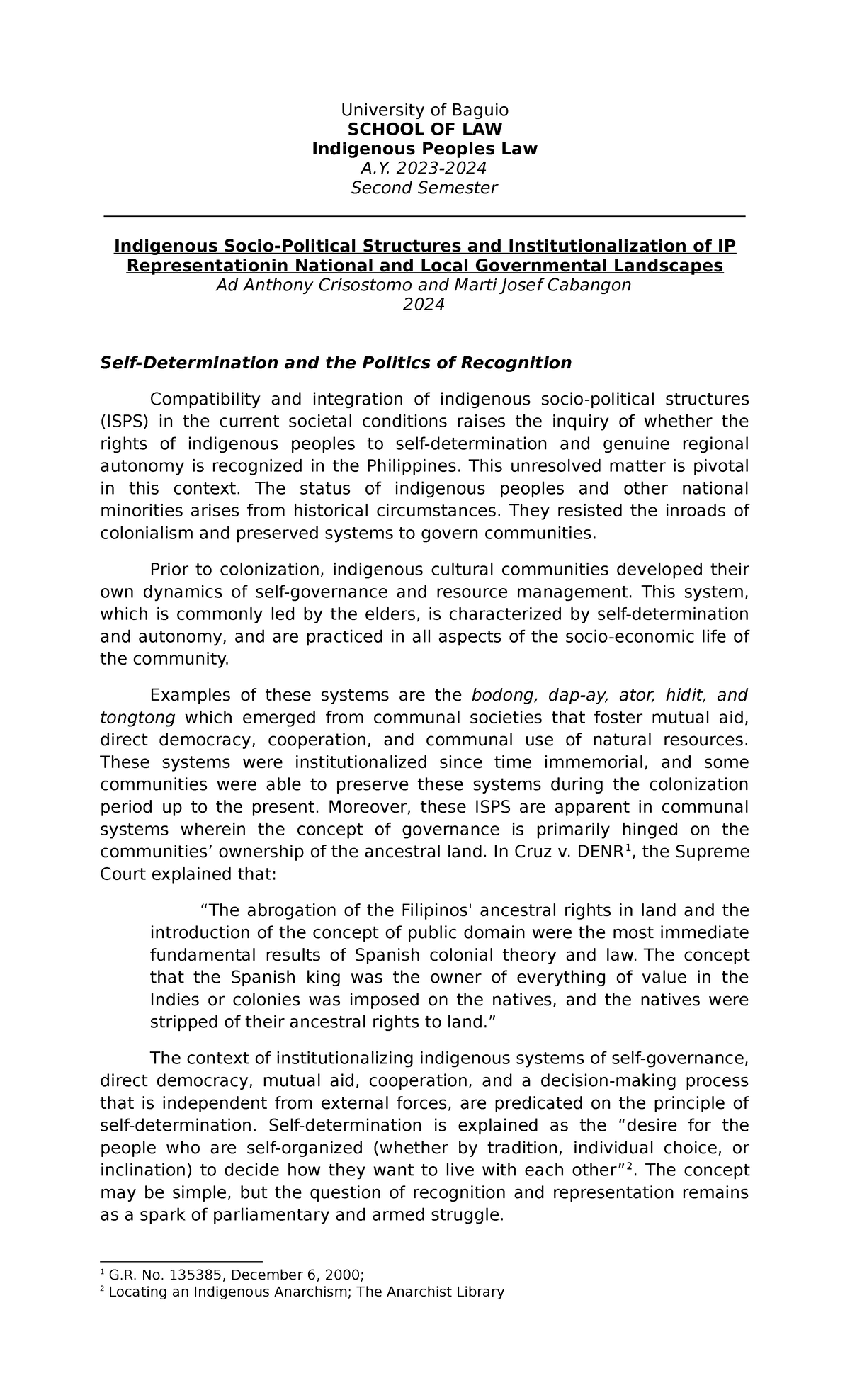 Indigenous Peoples Law A.Y. 2024: Structures & Representation in ...