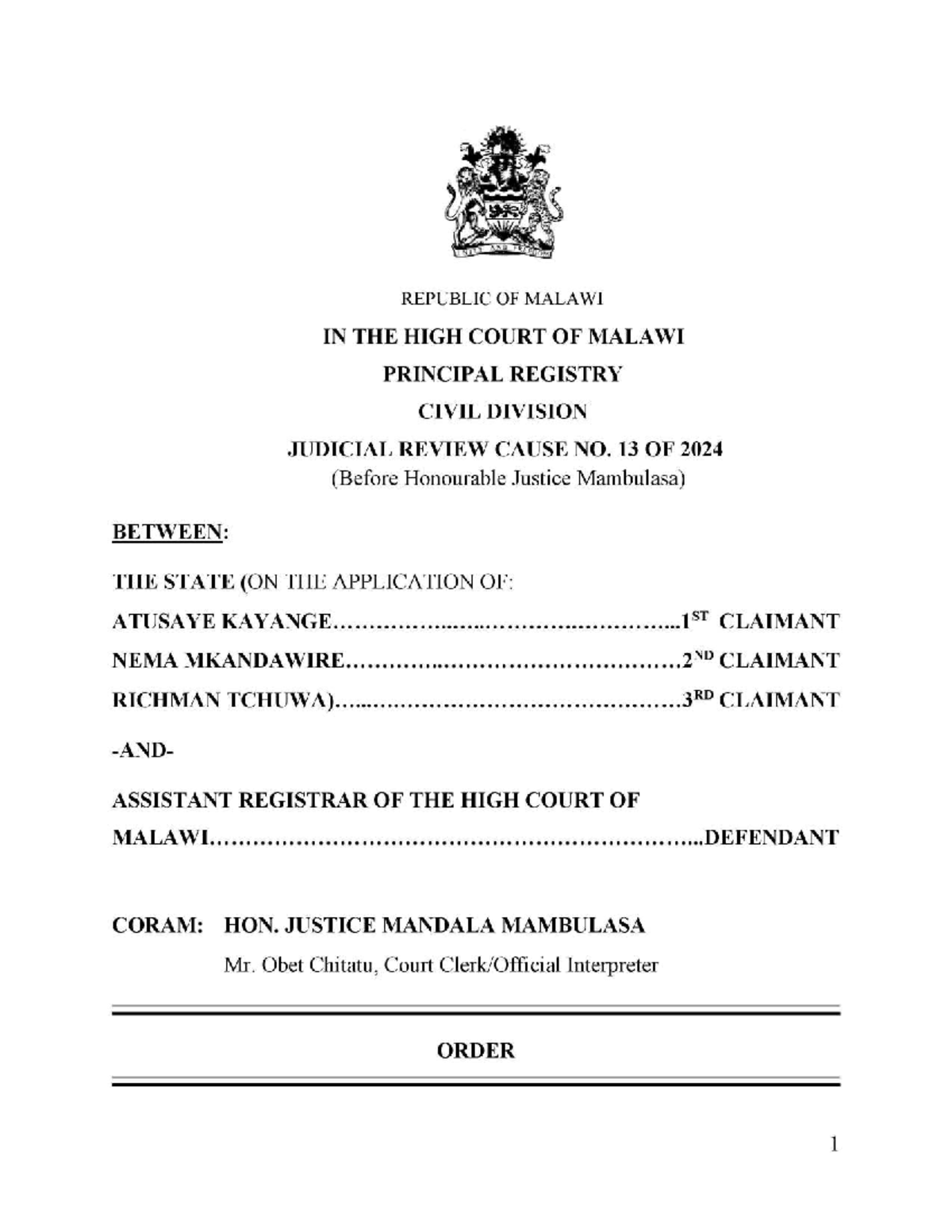 Judicial Review Case No. 13 of 2024: Kayange Mkandawire Tchuwa v ...
