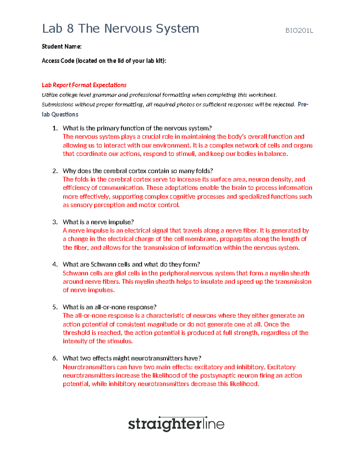 BIO201 Lab 8 - assignment - Student Name: Access Code (located on the lid of your lab kit): Lab ...