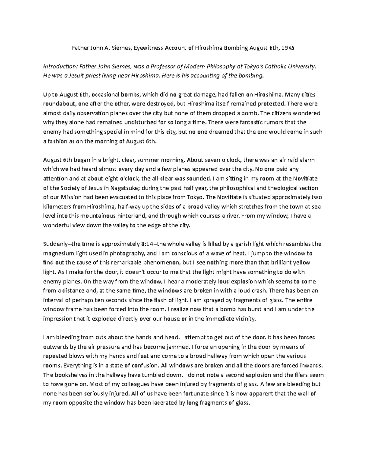 John A. Siemes: Eyewitness Account of Hiroshima Bombing (Aug 6, 1945 ...