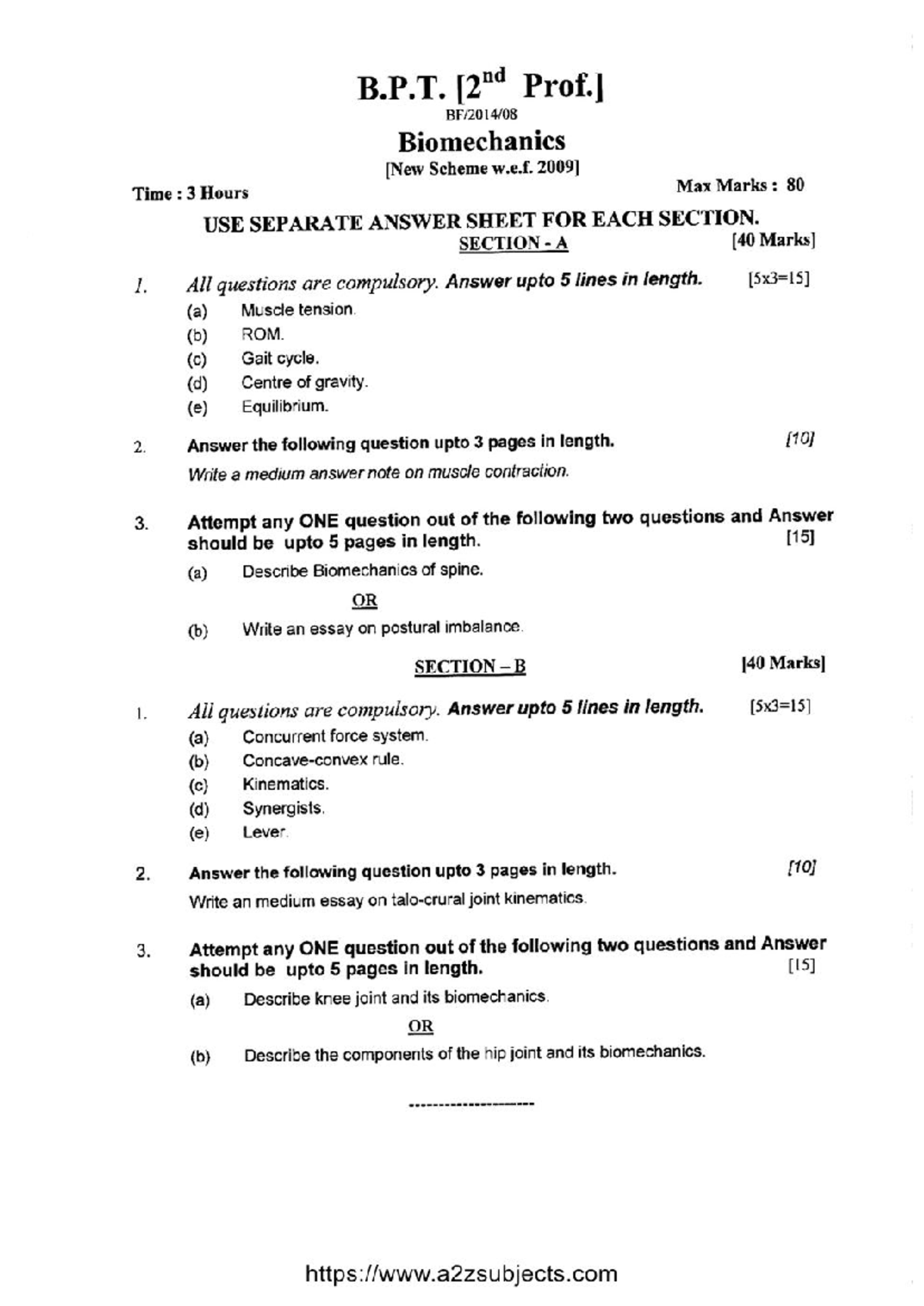 B.P.T. 2nd Prof. Biomechanics Exam Scheme - Aug 2014 - Studocu
