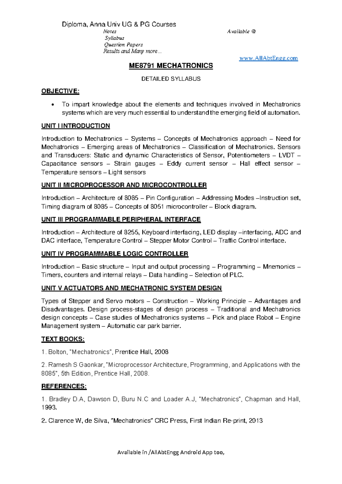 ME8791 Mechatronics Detailed Syllabus and Course Material - Studocu