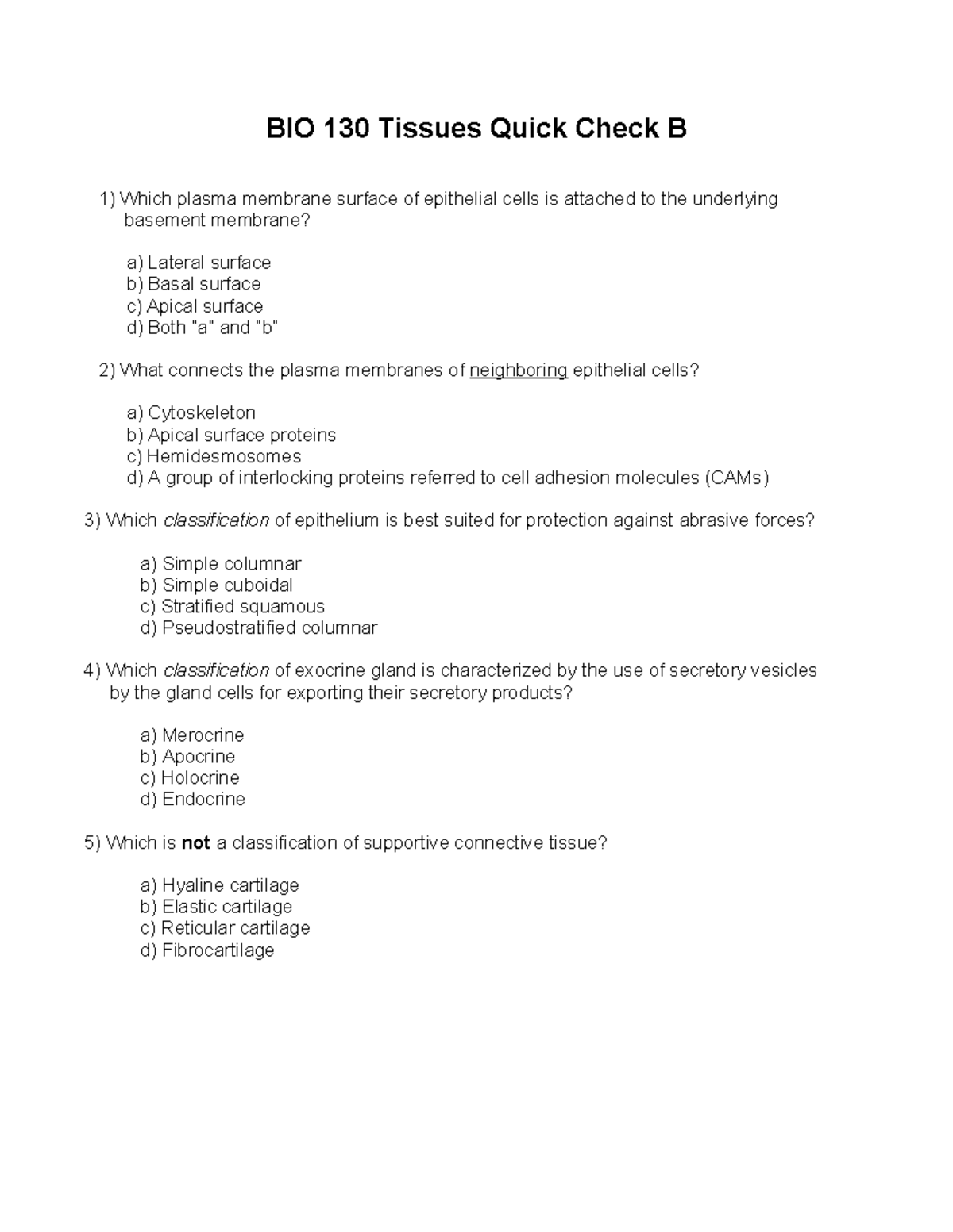 BIO 130 Tissues (Ch. 4) Quick Check B: Epithelial & Connective Tissue ...
