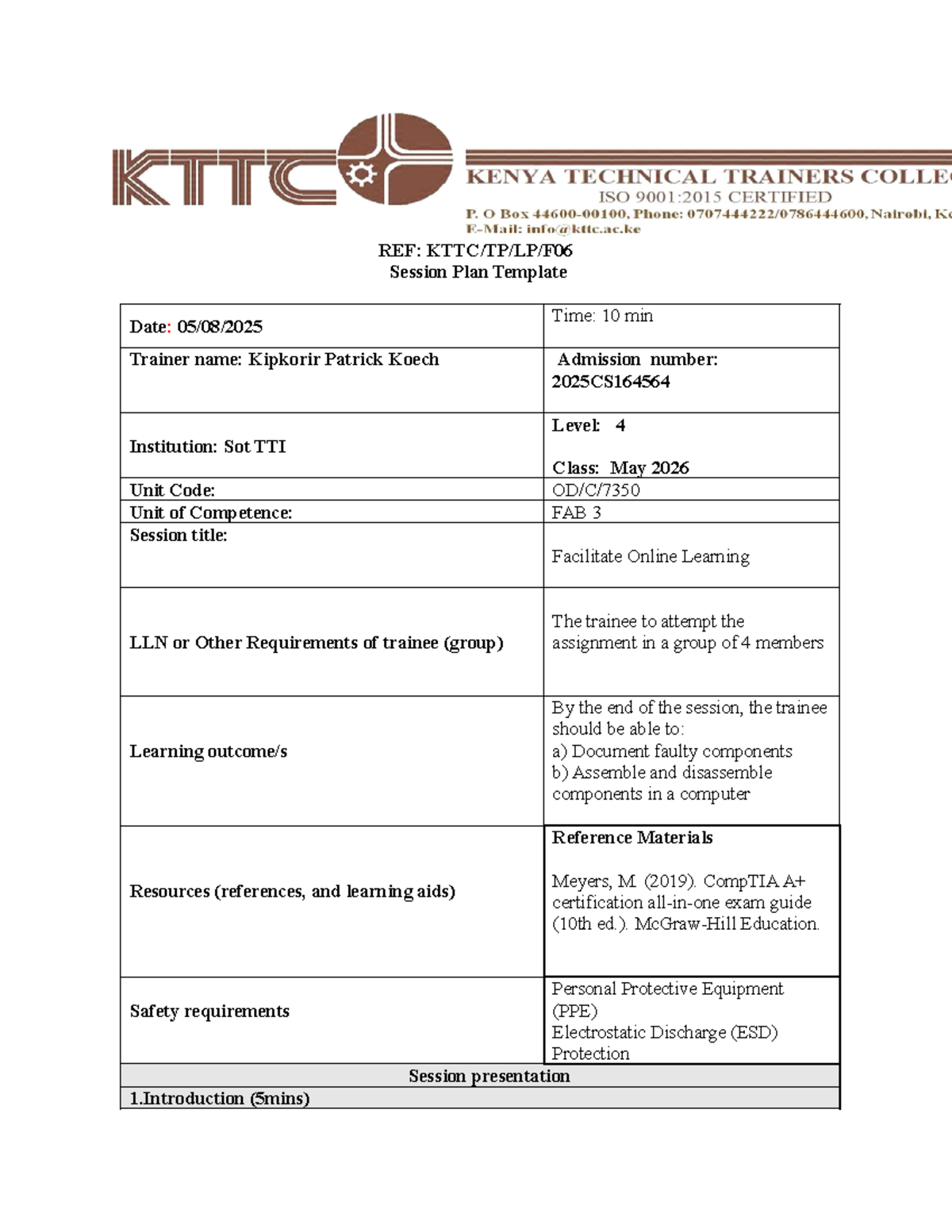 Session Plan Template: Facilitate Online Learning (2025CS164564) - Studocu