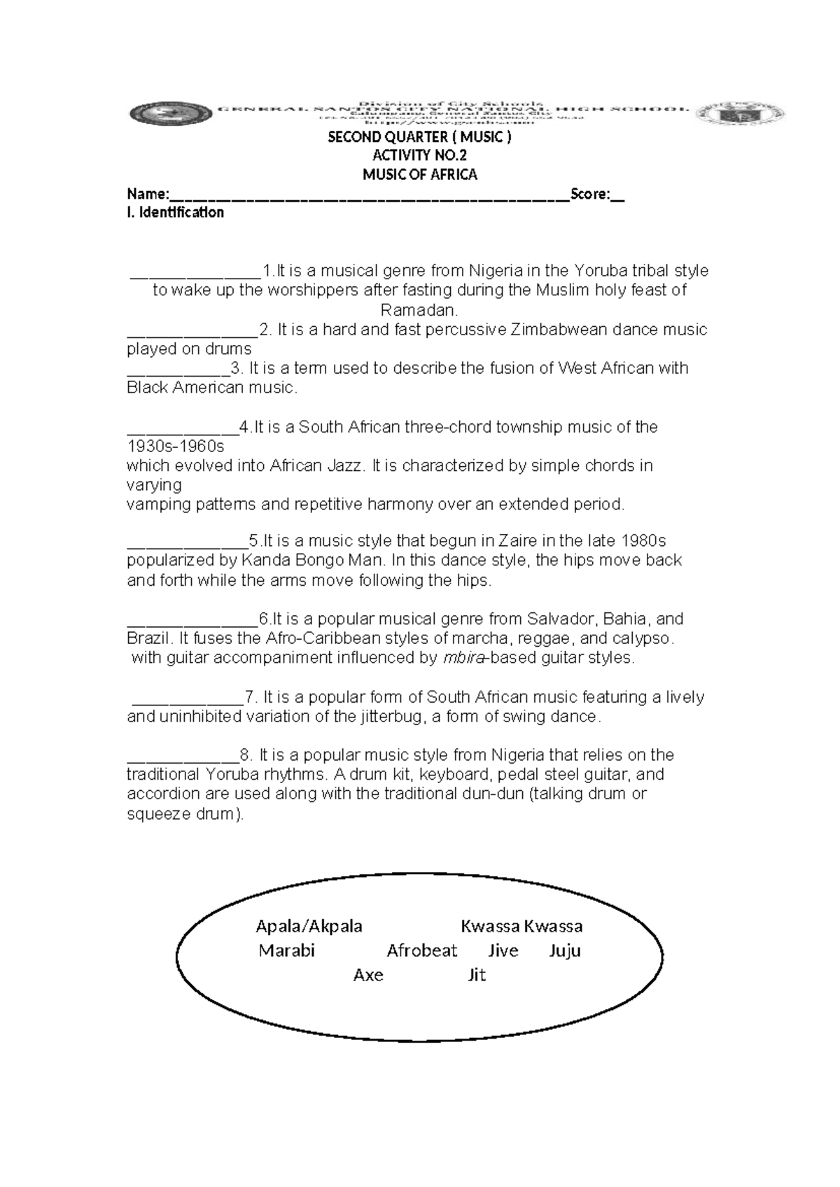 Act2 music q2 - SECOND QUARTER ( MUSIC ) ACTIVITY NO. MUSIC OF AFRICA ...
