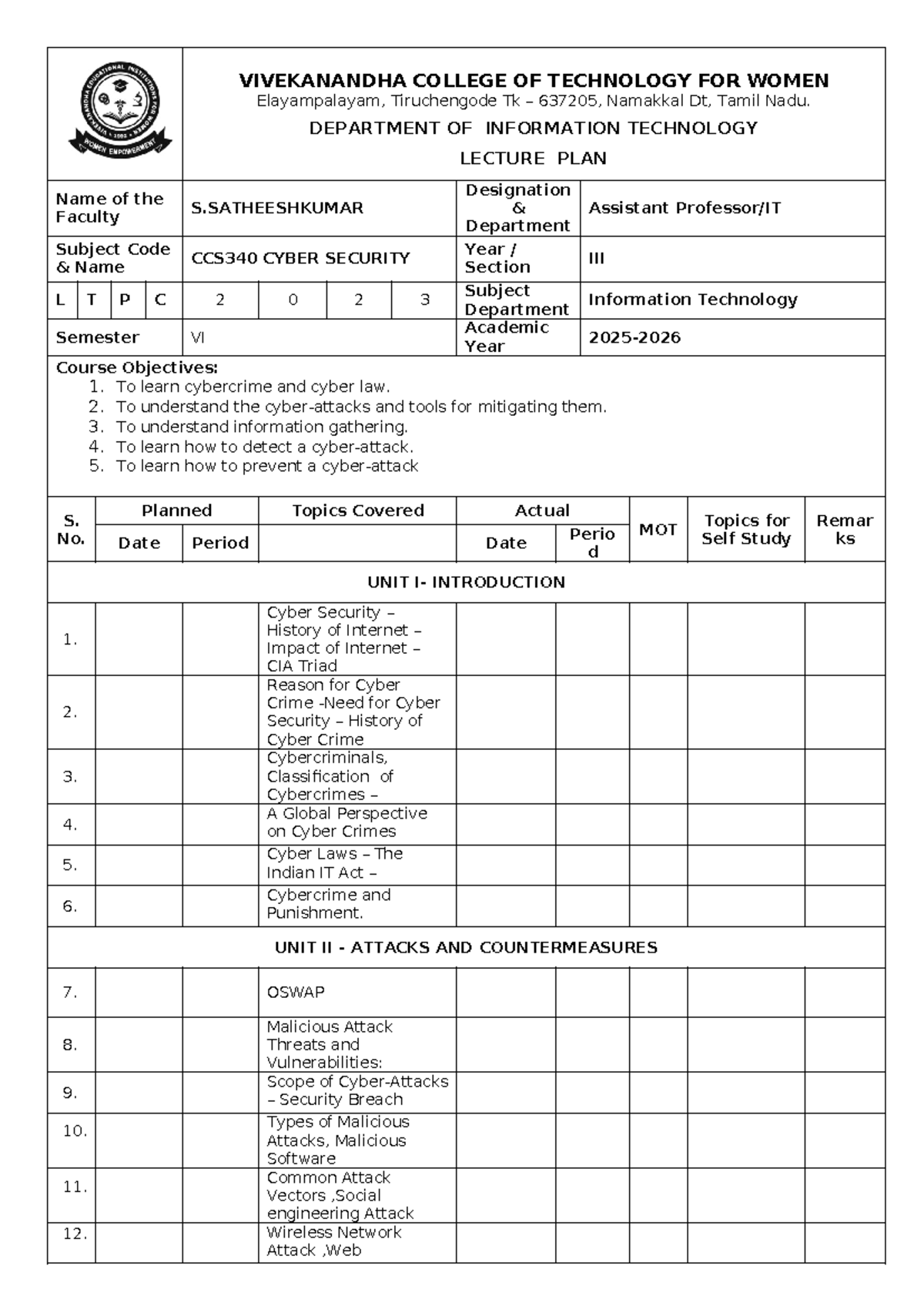 CS340 Cyber Security Lecture Plan - Semester 2 - Studocu