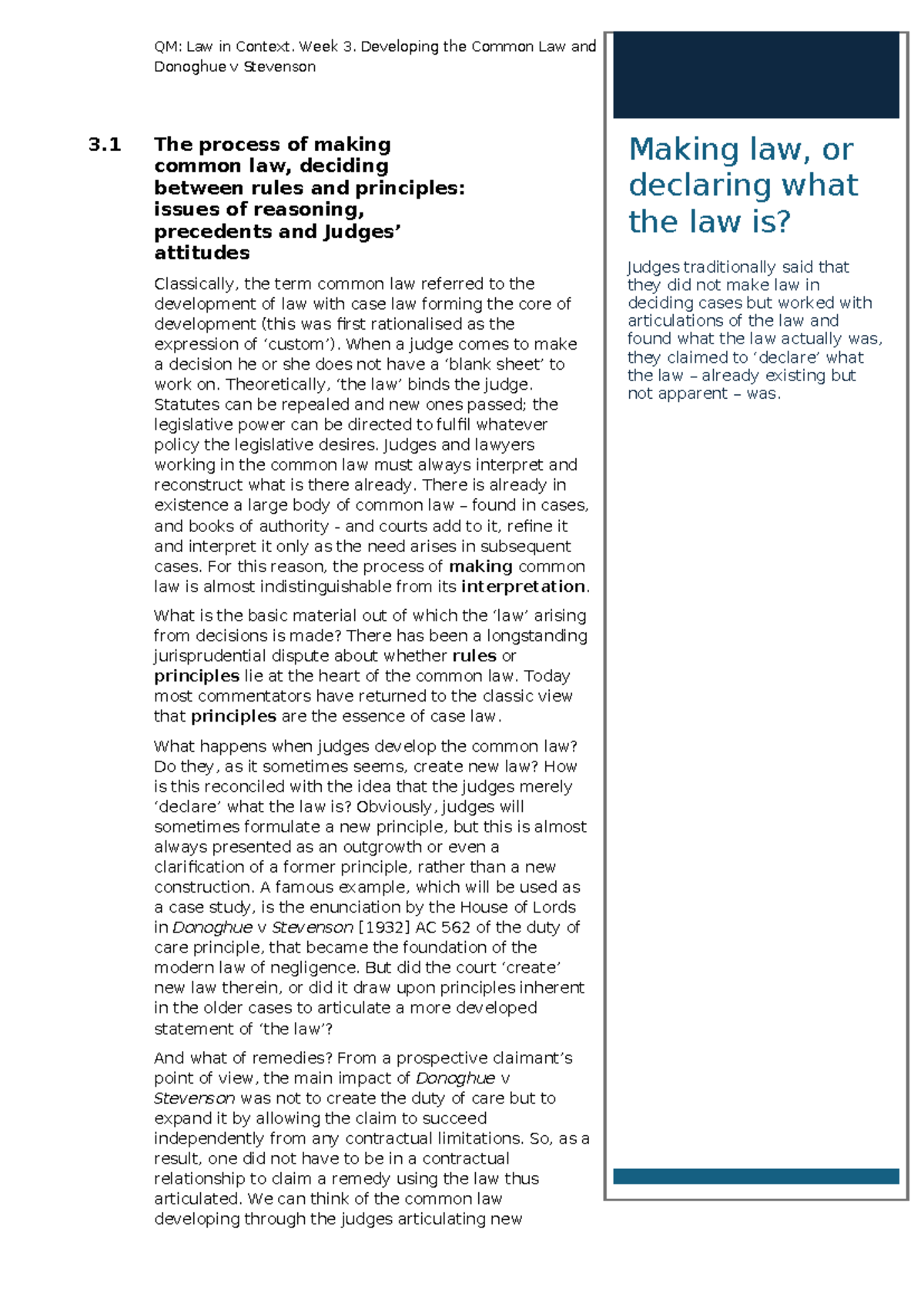 QM: Week 3 Lecture Notes on Common Law & Donoghue v Stevenson - Studocu
