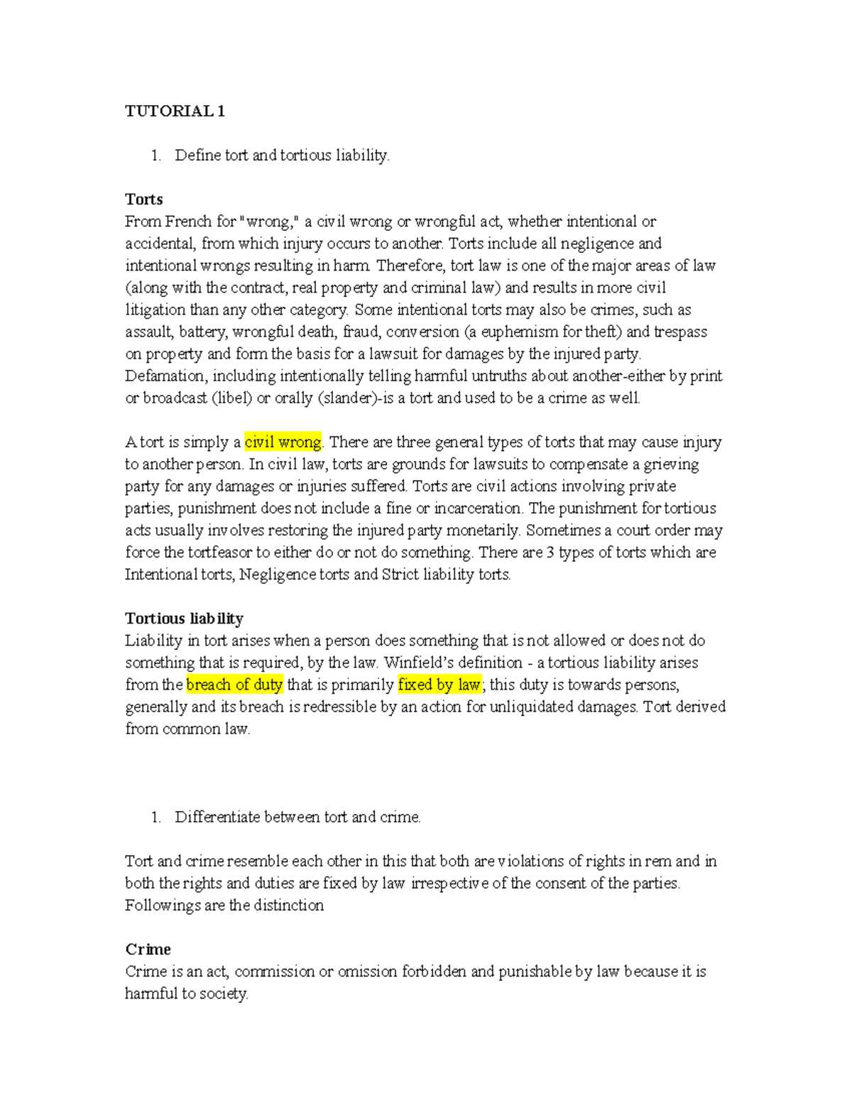ULT2612 Tutorial 1 - TUTORIAL 1 Define tort and tortious liability ...