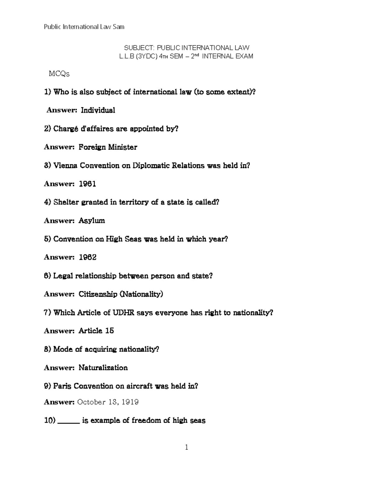 Public International Law L.L.B (3YDC) 4th Sem 2nd Internal Exam MCQs ...