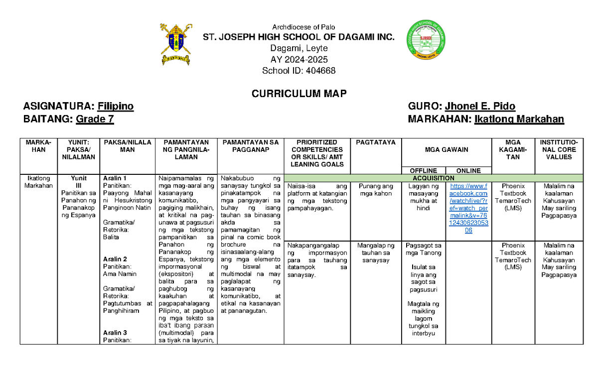 Curriculum Map for Filipino 7 - Ikatlong Markahan (Q3) - Studocu