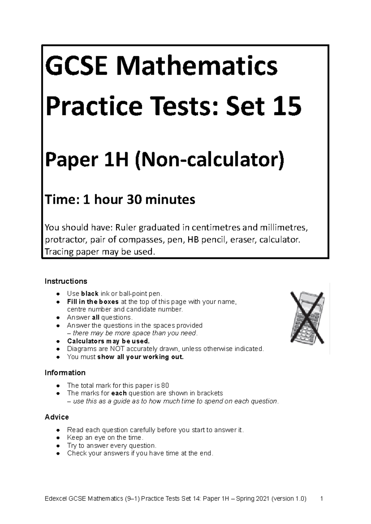 GCSE Maths Practice Tests - Set 15, Paper 1H (Non-calculator) - Studocu
