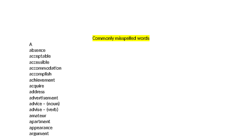Commonly Misspelled Words List for Study (ENG101) - Studocu