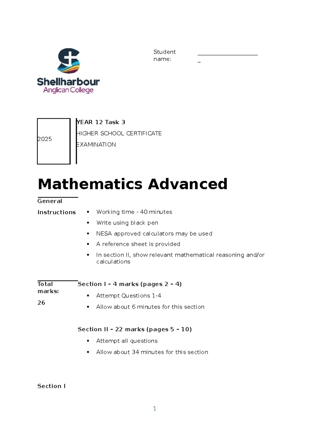 2025 Y12 Adv Task 3 - HSC Mathematics Exam Guide - Studocu