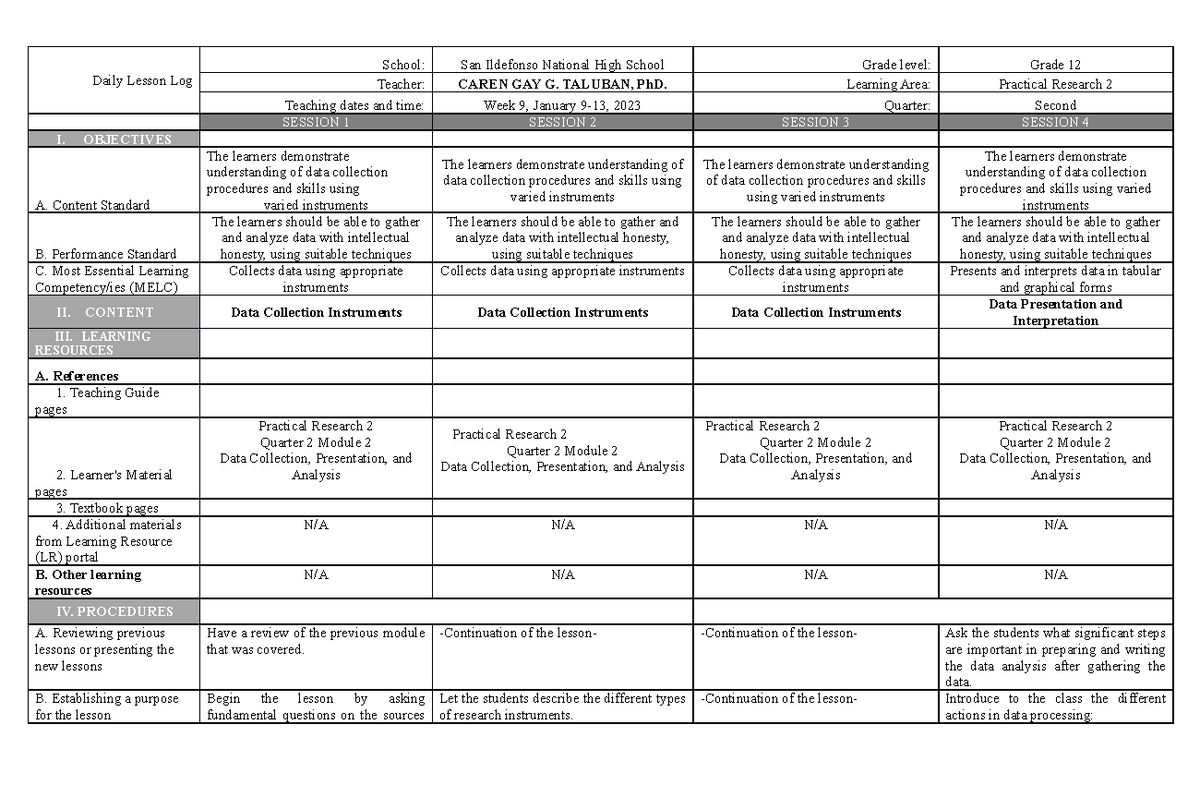 PR2 Q2 WEEK 9 DLL: Data Collection Instruments & Analysis - Studocu