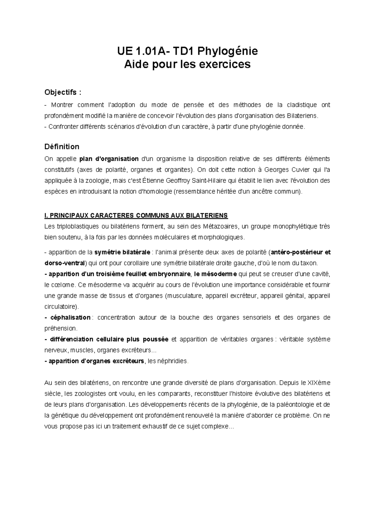 TD1 Phylogénie 2020 - Aide aux Exercices et Concepts de Bilatériens ...
