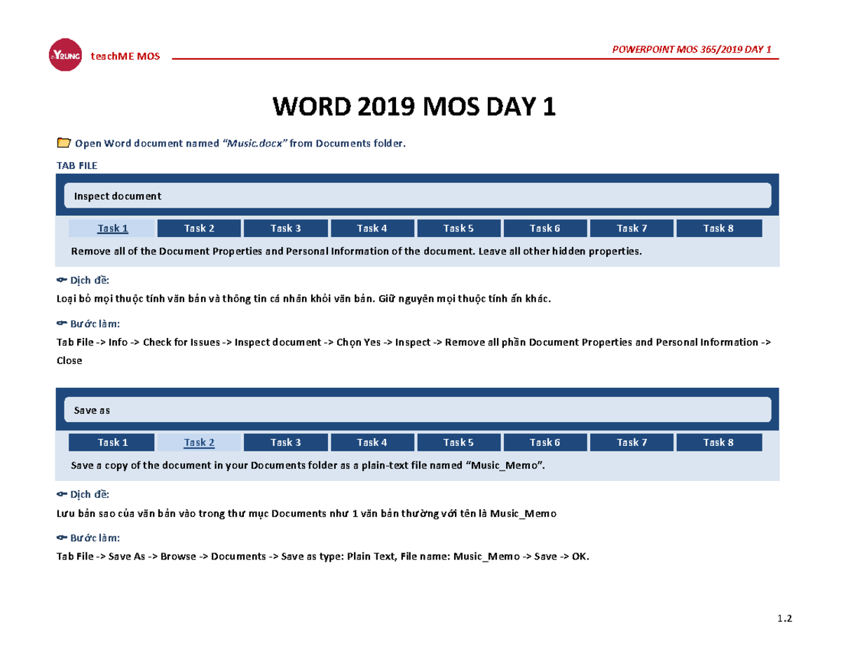 WORD 2019 MOS: Essential Tasks Overview for Day 1 Activities - Studocu