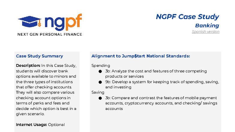 NGPF Case Study: Banking Options for Minors - Summary & Analysis - Studocu