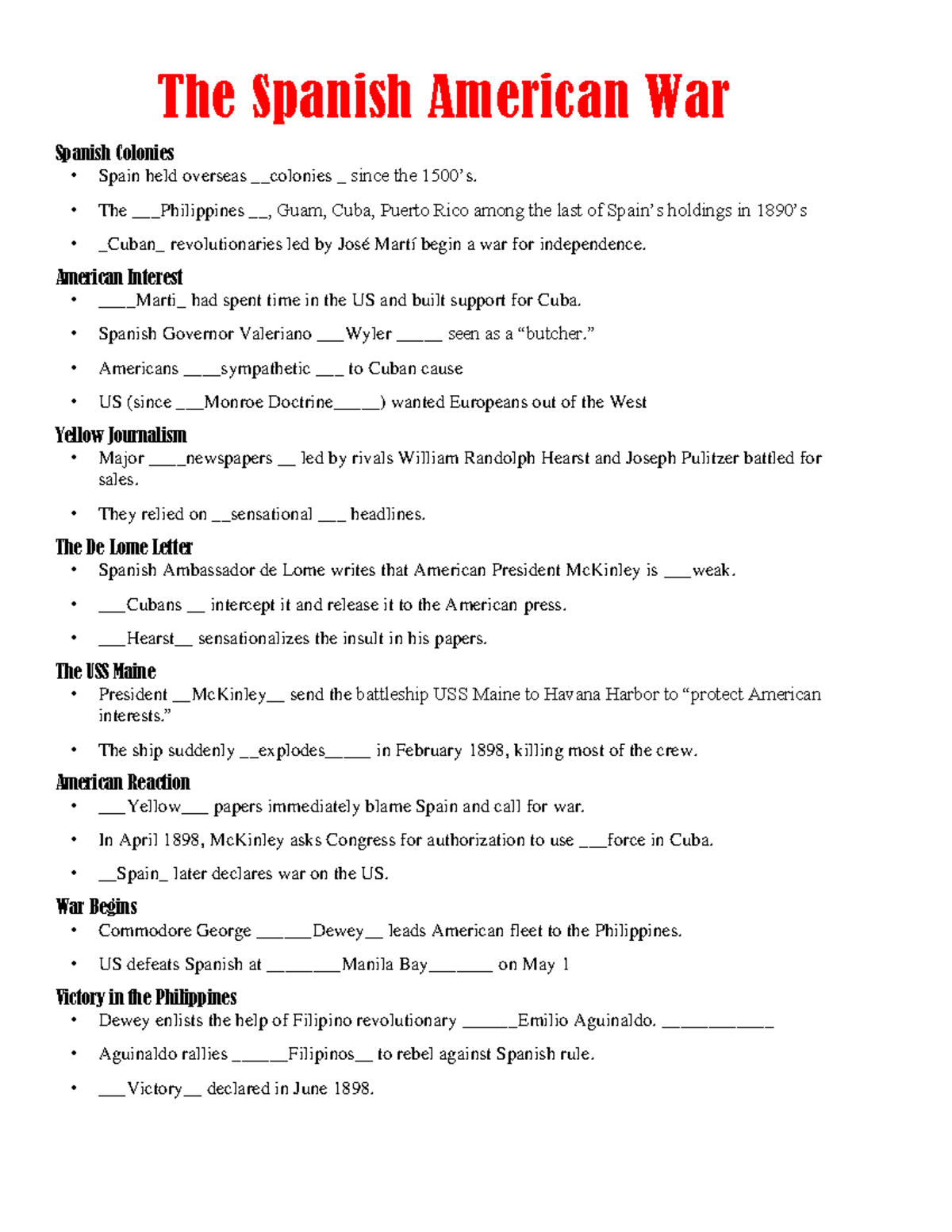 Spanish American War: Comprehensive Guided Notes for Study - Studocu