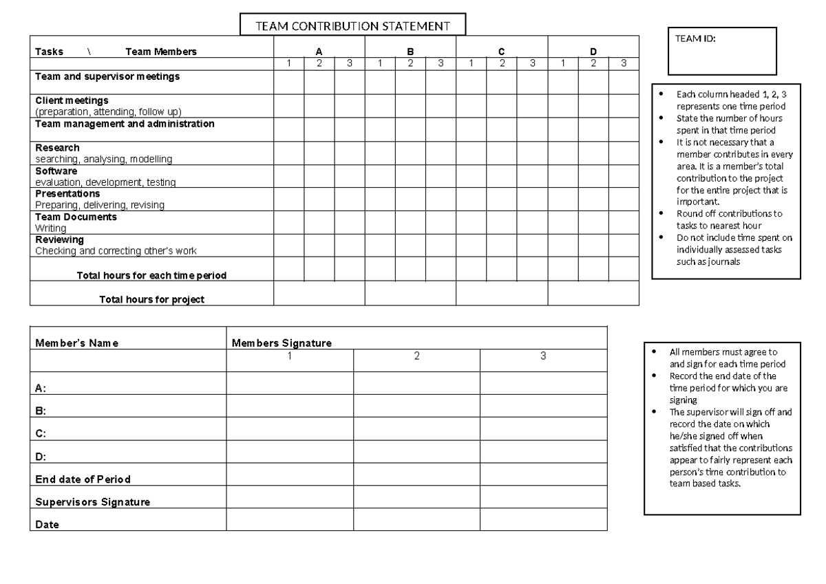 Team Member Contribution Statement - Tasks \ Team Members A B C D 1 2 3 ...