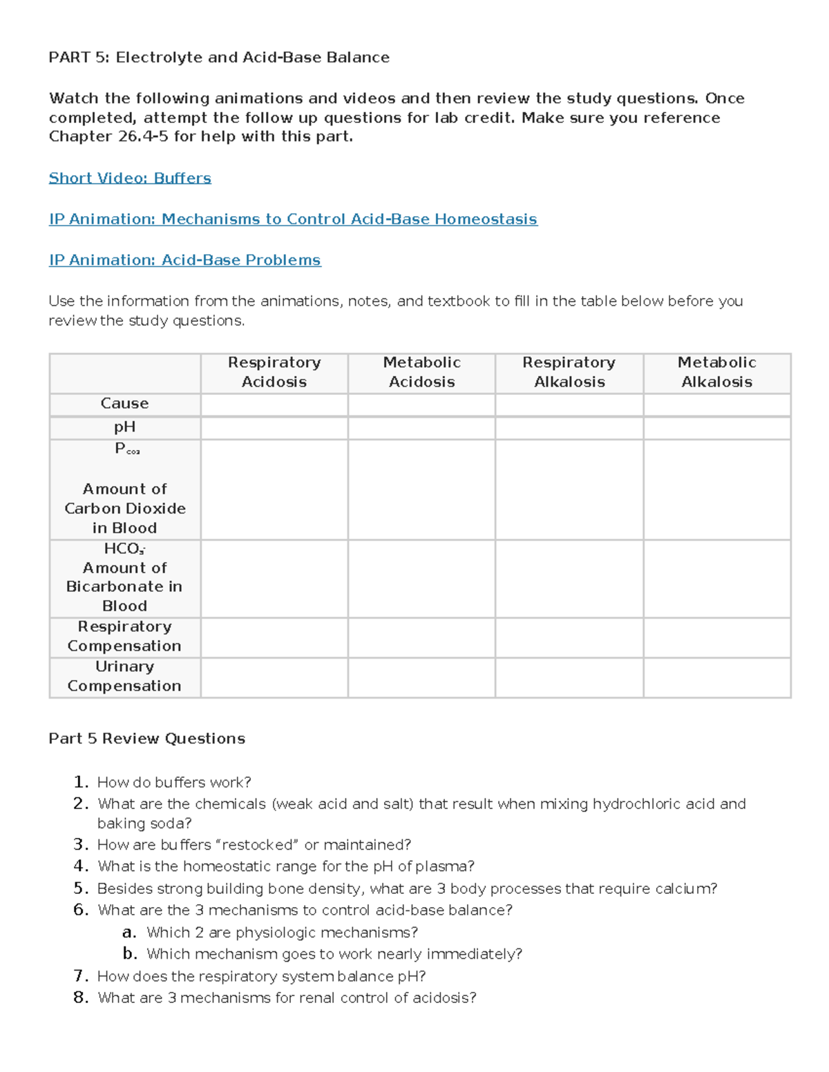 Electrolyte & Acid-Base Balance Study Guide (Chapter 26.4-5) - Studocu