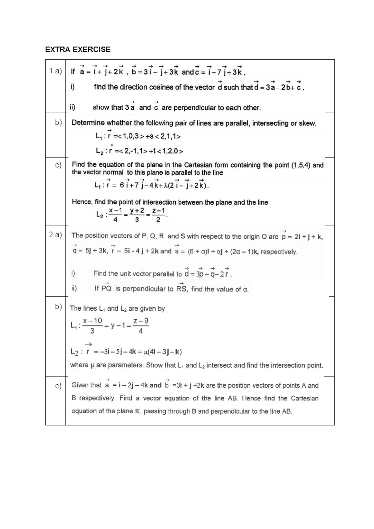 EXTRA EXERCISE 1: Vector Analysis & Plane Equations - Studocu