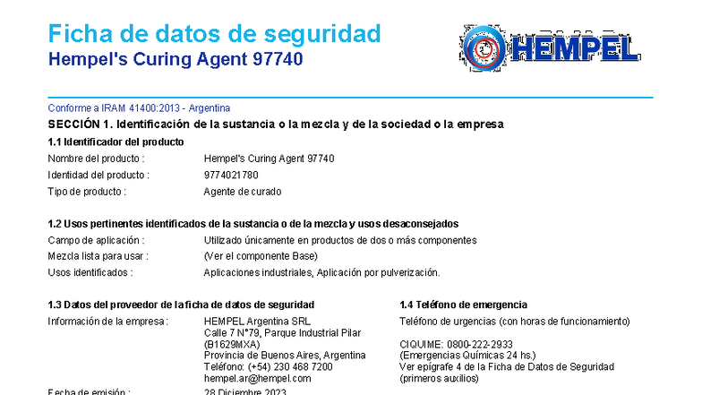 Ficha de Datos de Seguridad (FDS) del Agente de Curado 97740 - Studocu