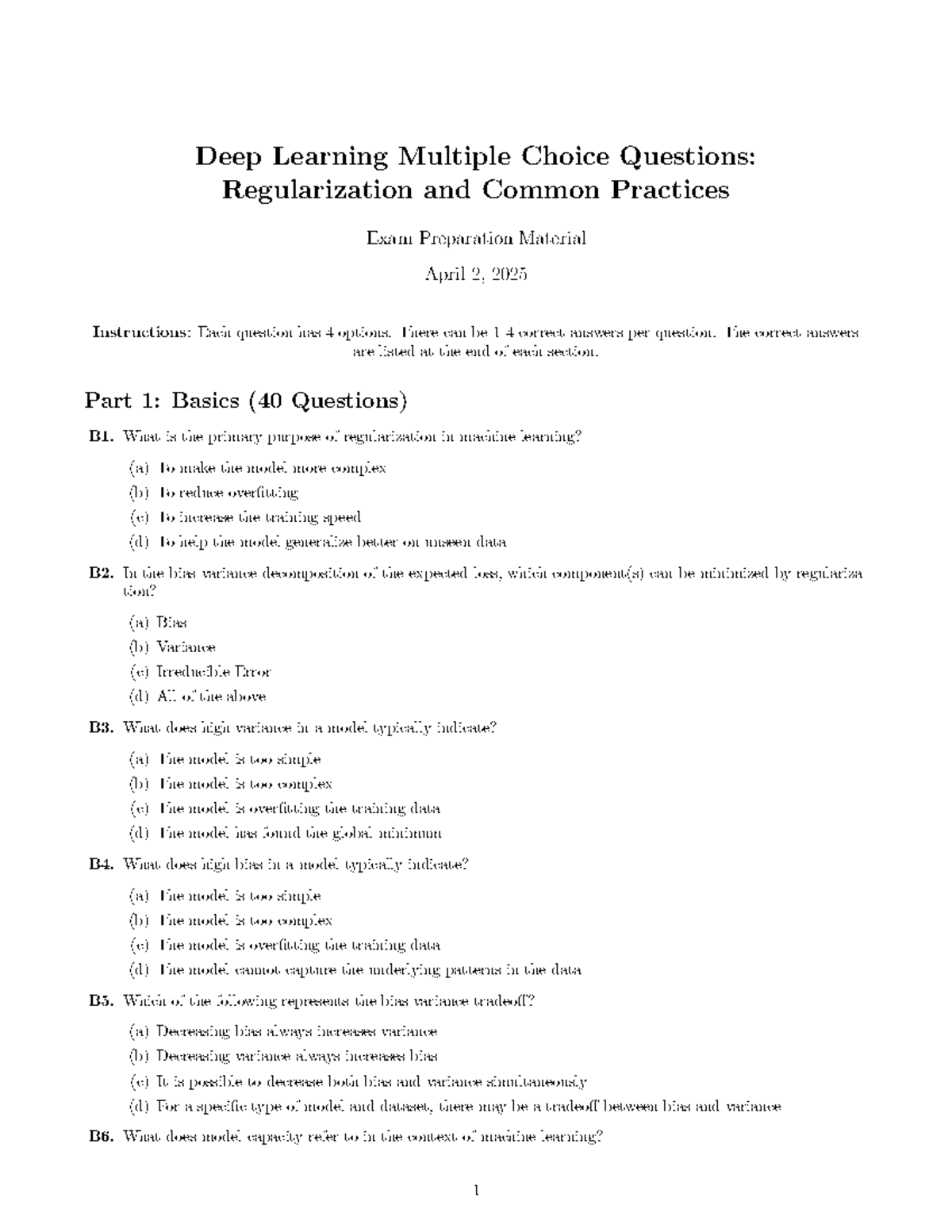 Deep Learning MCQs: Regularization & Practices Exam Prep (DL 405) - Studocu