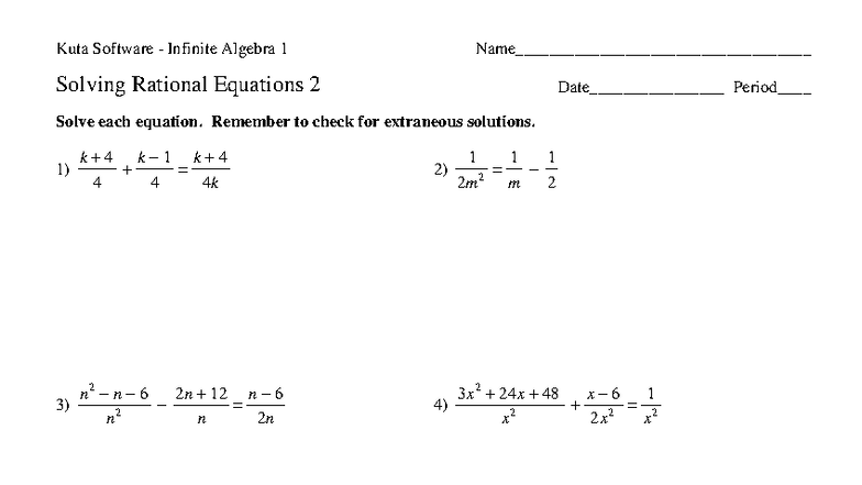 Kuta Software - Infinite Algebra 1: Solving Rational Equations 2 ...