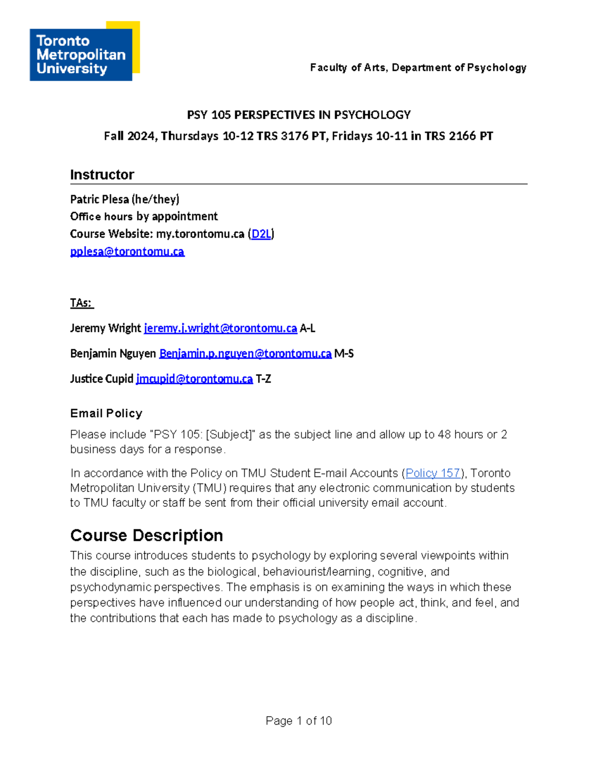 PSY 105 Course Outline: Perspectives in Psychology Fall 2024 - Studocu