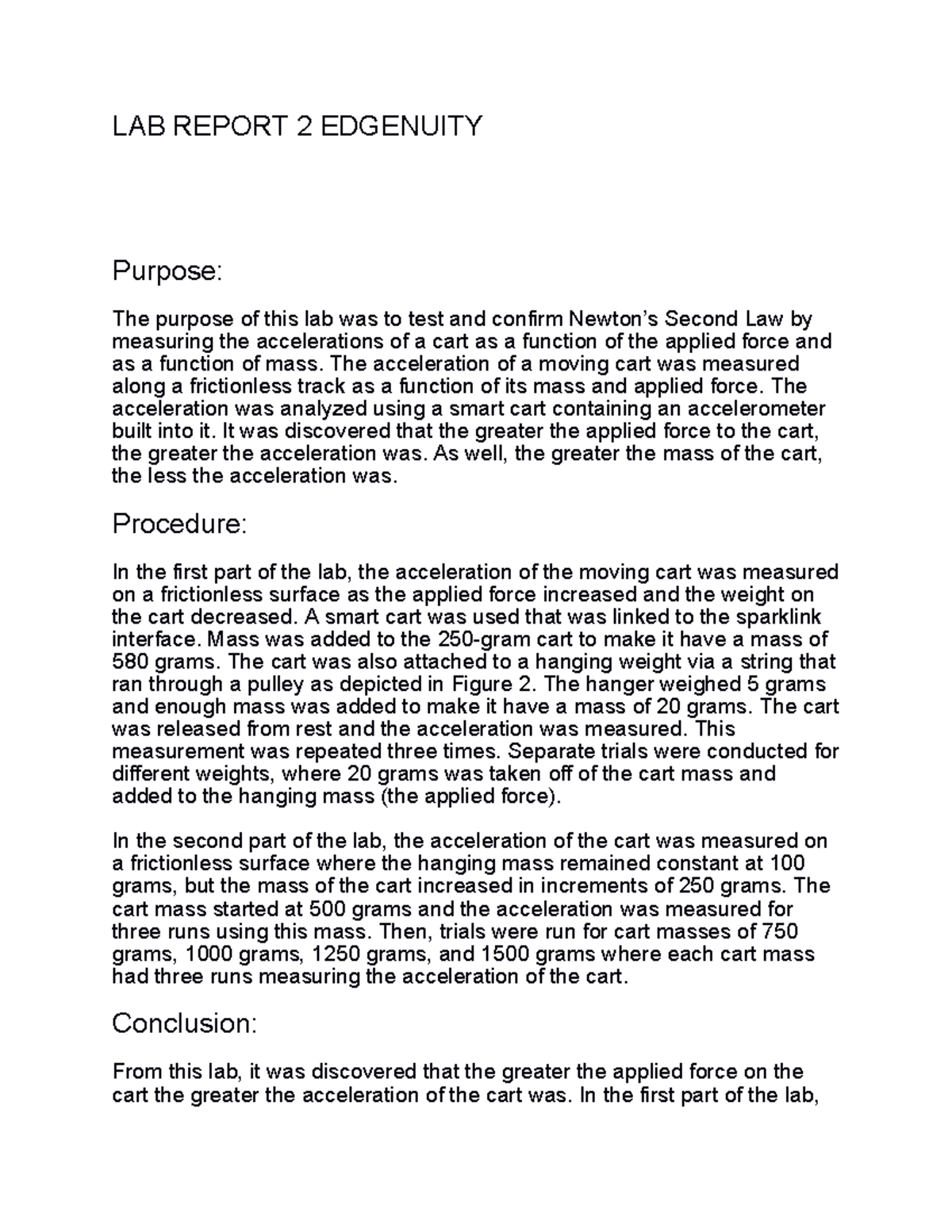 Lab Report 2: Testing Newton's Second Law in Edgenuity Physics - Studocu