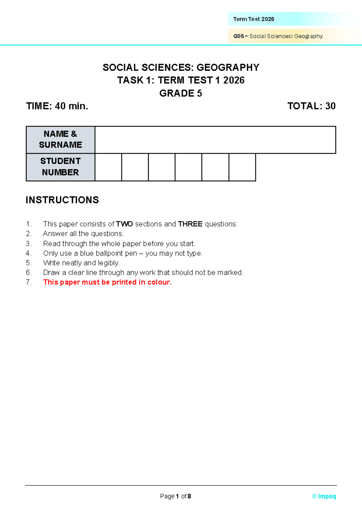 Term Test 2026 G05 Social Sciences: Geography - Grade 5 Exam - Studocu