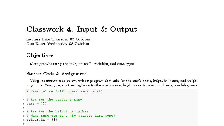 Cw4: Input/Output Assignment - Name, Height & Weight Conversion - Studocu