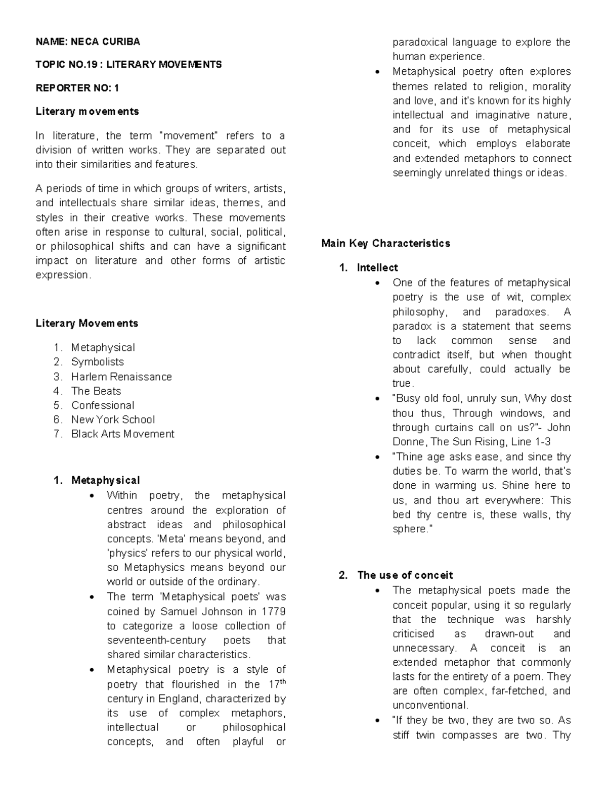 ENG 100 - Reporter 19: Overview of Key Literary Movements - Studocu