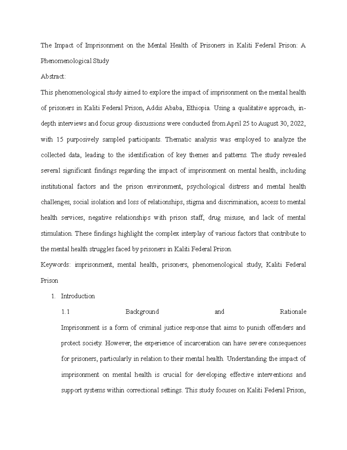 The Impact of Imprisonment on Prisoners' Mental Health: A Study from ...