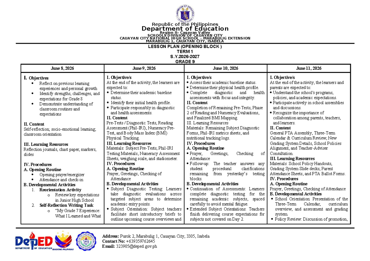 DLL-Block 2026: Grade 9 Lesson Plan & Diagnostic Assessments - Studocu