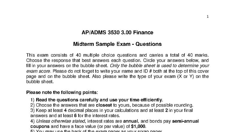 ADMS 3530 Finance Midterm Sample Exam Questions - Studocu