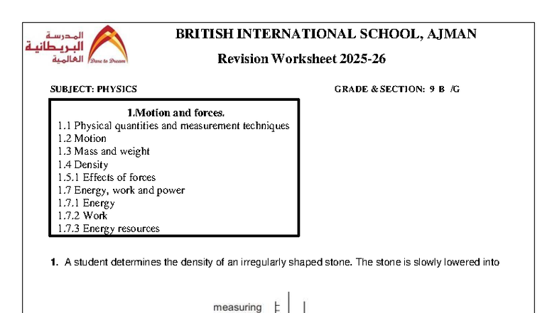 First Term Revision Worksheet for Physics 9B (2025-26) - Studocu