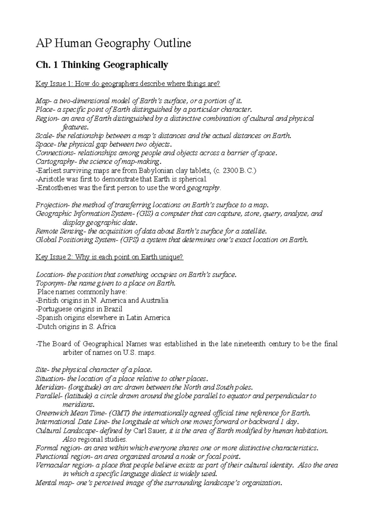 APHG Full Notes copy - AP Human Geography Outline Ch. 1 Thinking ...