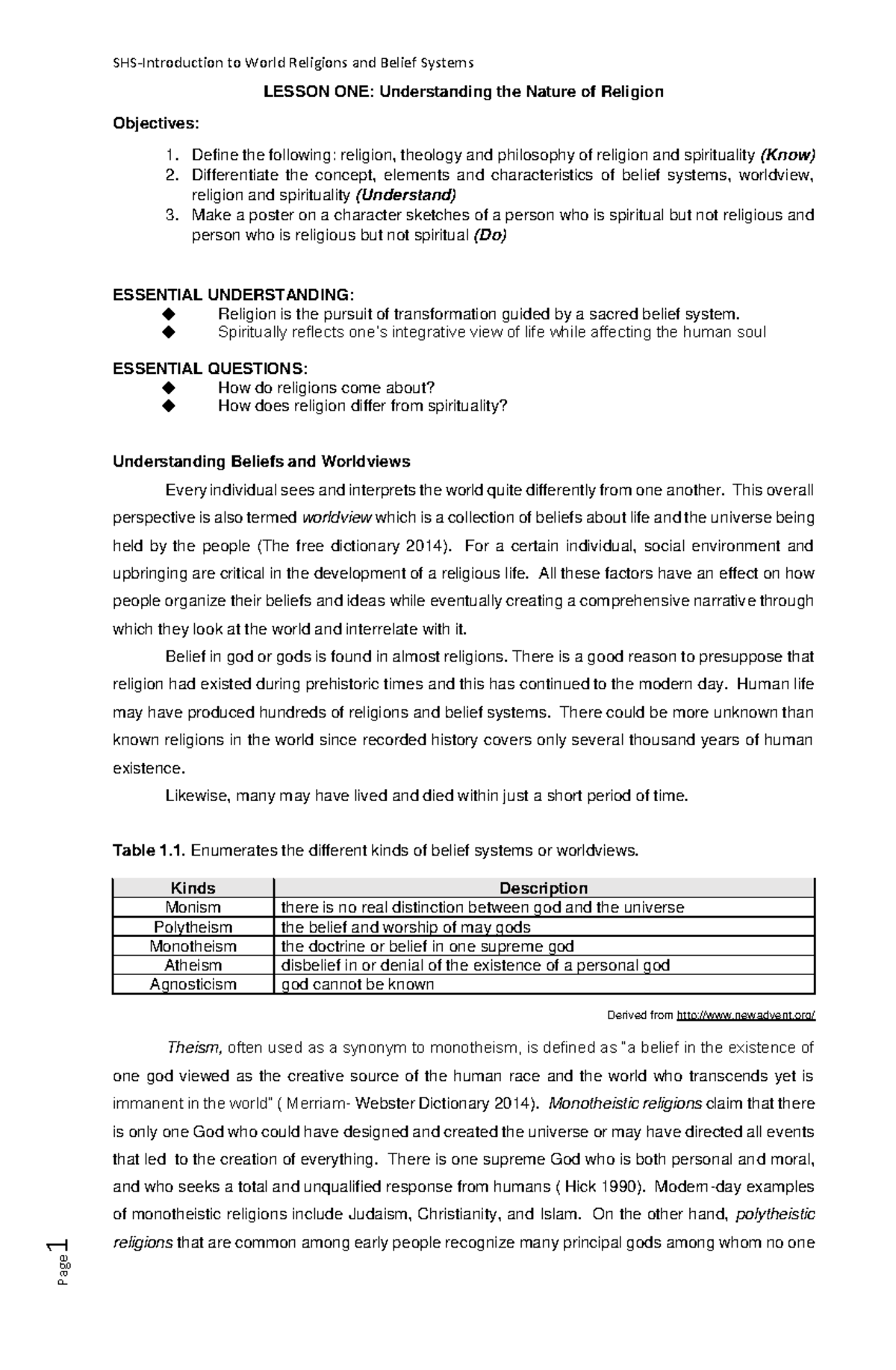 Lesson 1 Nature OF Religion - 1 LESSON ONE: Understanding the Nature of ...